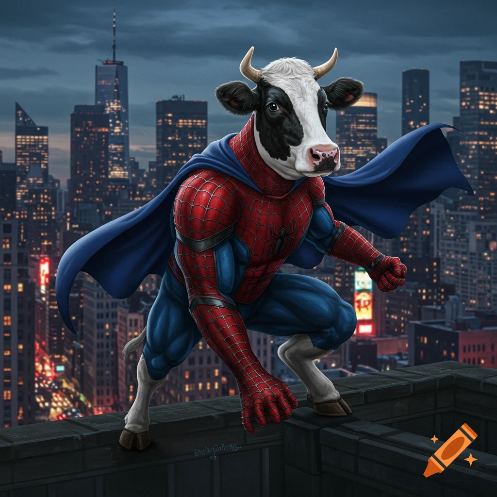 A cow in a Spider-Man suit and blue cape crouches on a rooftop ...