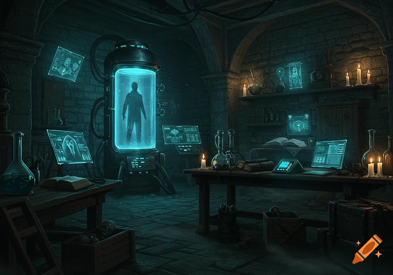 A fantastical scene with armored characters and a castle emerging from an open book in a library ...