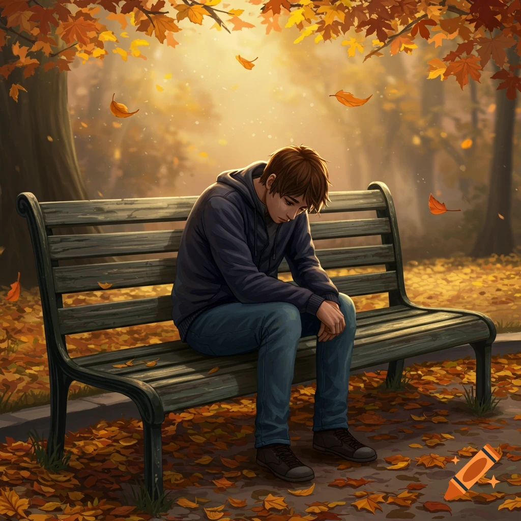 A young person with brown hair sits on a wooden bench surrounded by ...