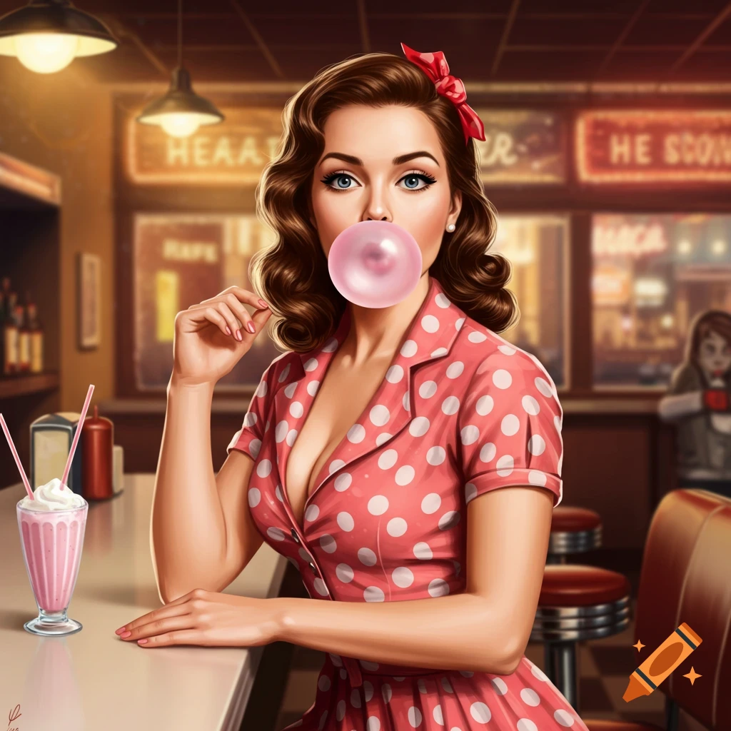 A blonde pin-up style woman in a polka dot dress holds a milkshake in a retro diner illustration ...