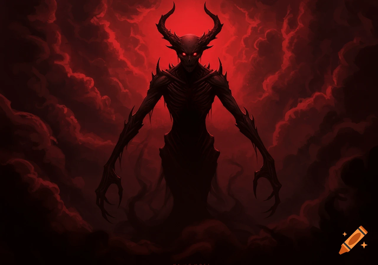 A hooded demon woman with glowing eyes and jagged teeth, black horns ...