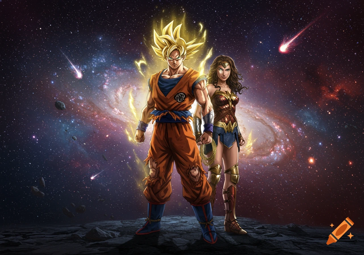 Goku, as Super Saiyan, and Wonder Woman stand together in space with a ...