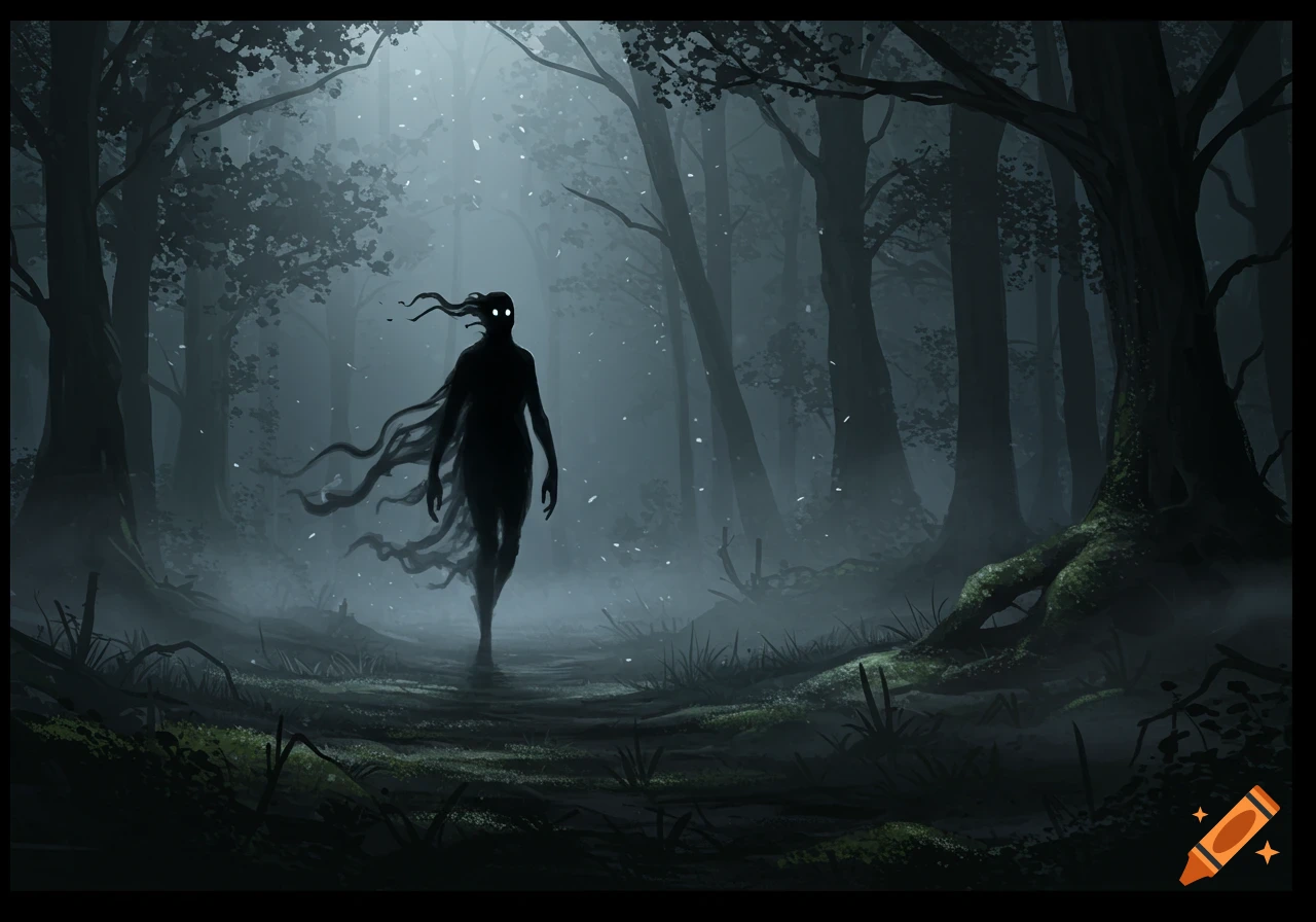 A dark, eerie figure with a split white and black face, glowing eyes ...