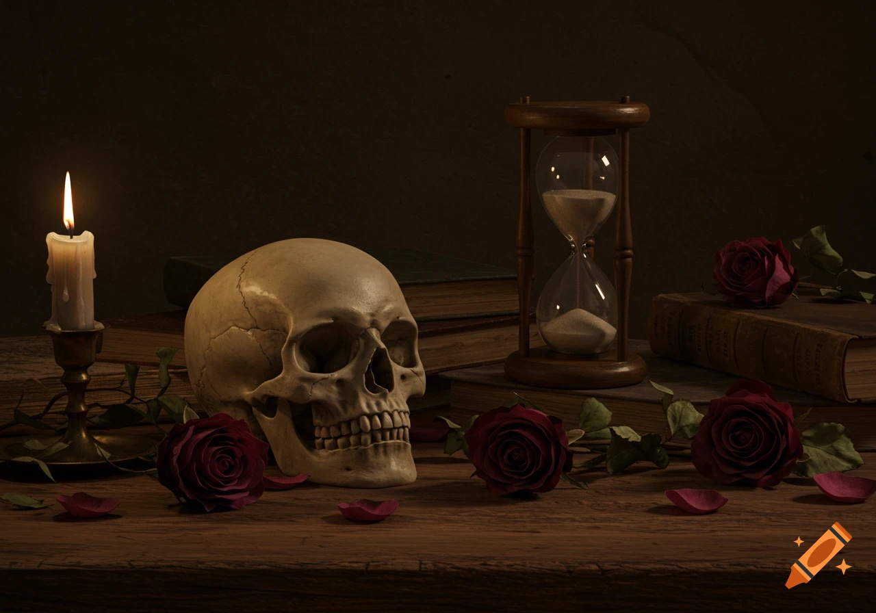 Still life painting of a skull, hourglass, rose, and draped fabric. on ...