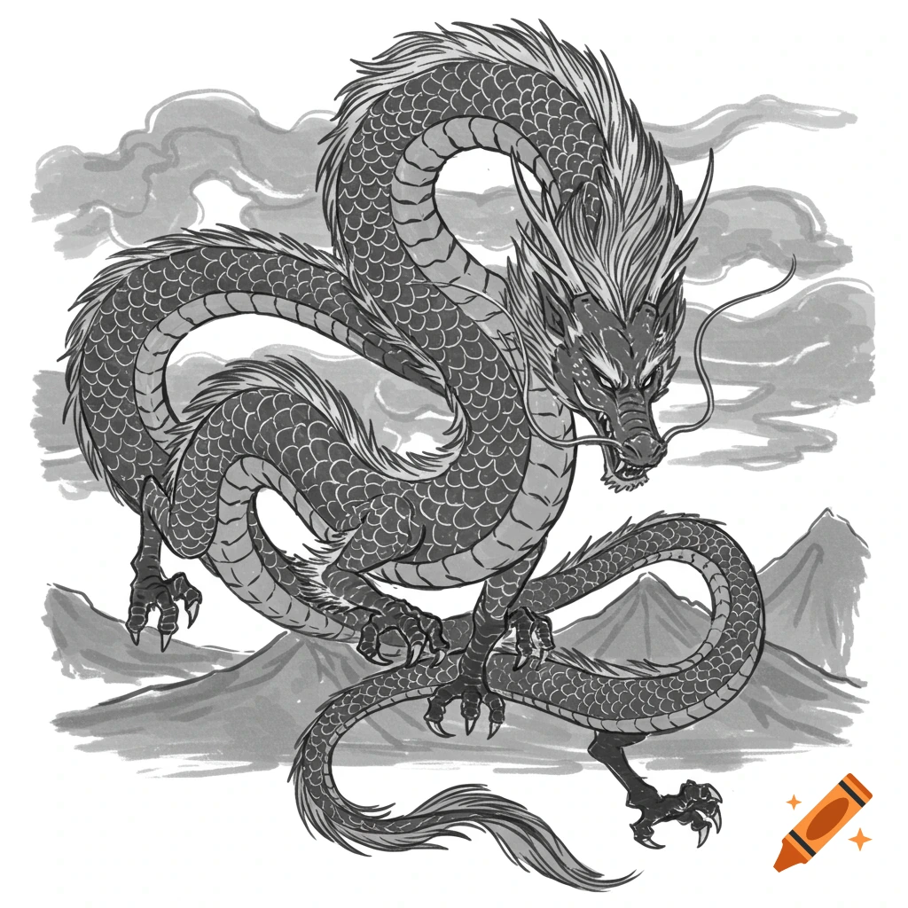 A colorful line drawing of an orange Asian dragon rising amidst blue ...