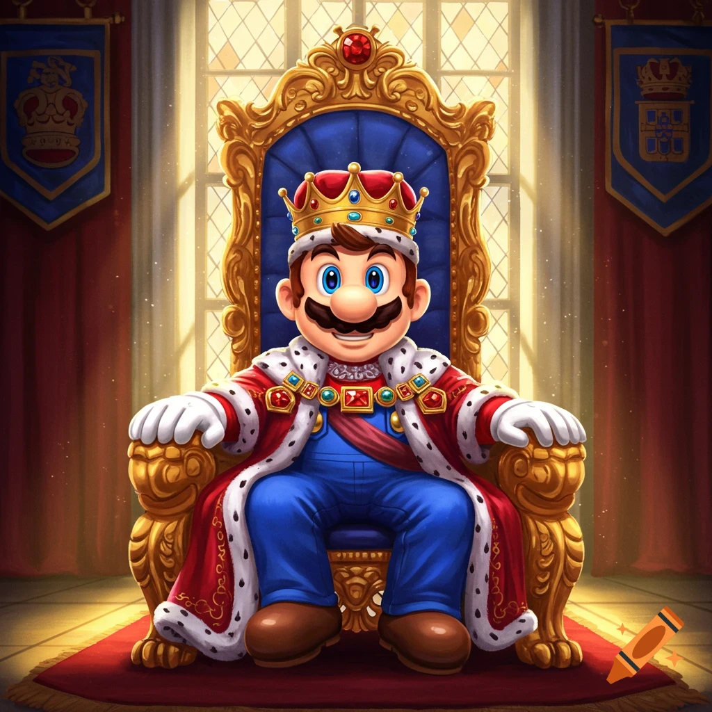 A portly cartoon cat king, wearing a golden crown, red robe with a fur ...