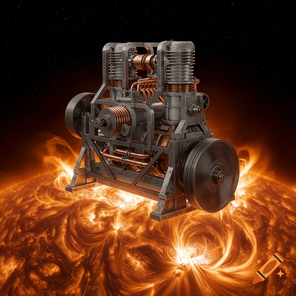 A photorealistic, massive industrial-grade Stirling engine sits on the ...