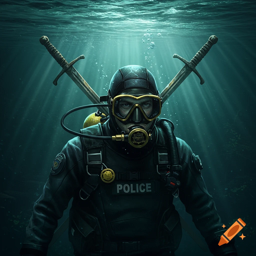 A police scuba diver with a mask and oxygen tank underwater, with two ...