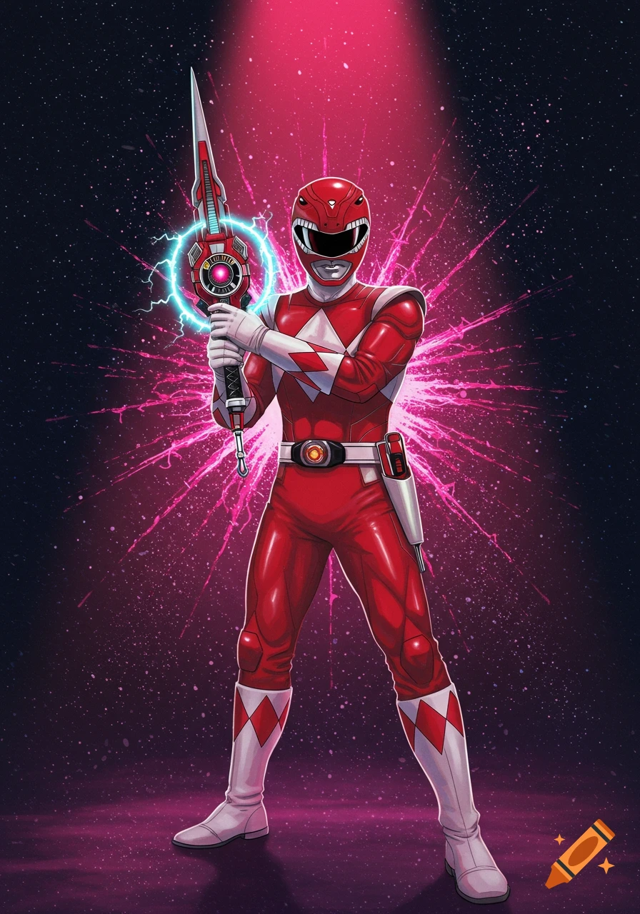 A red and white Power Ranger generates blue lightning in a dynamic pose ...
