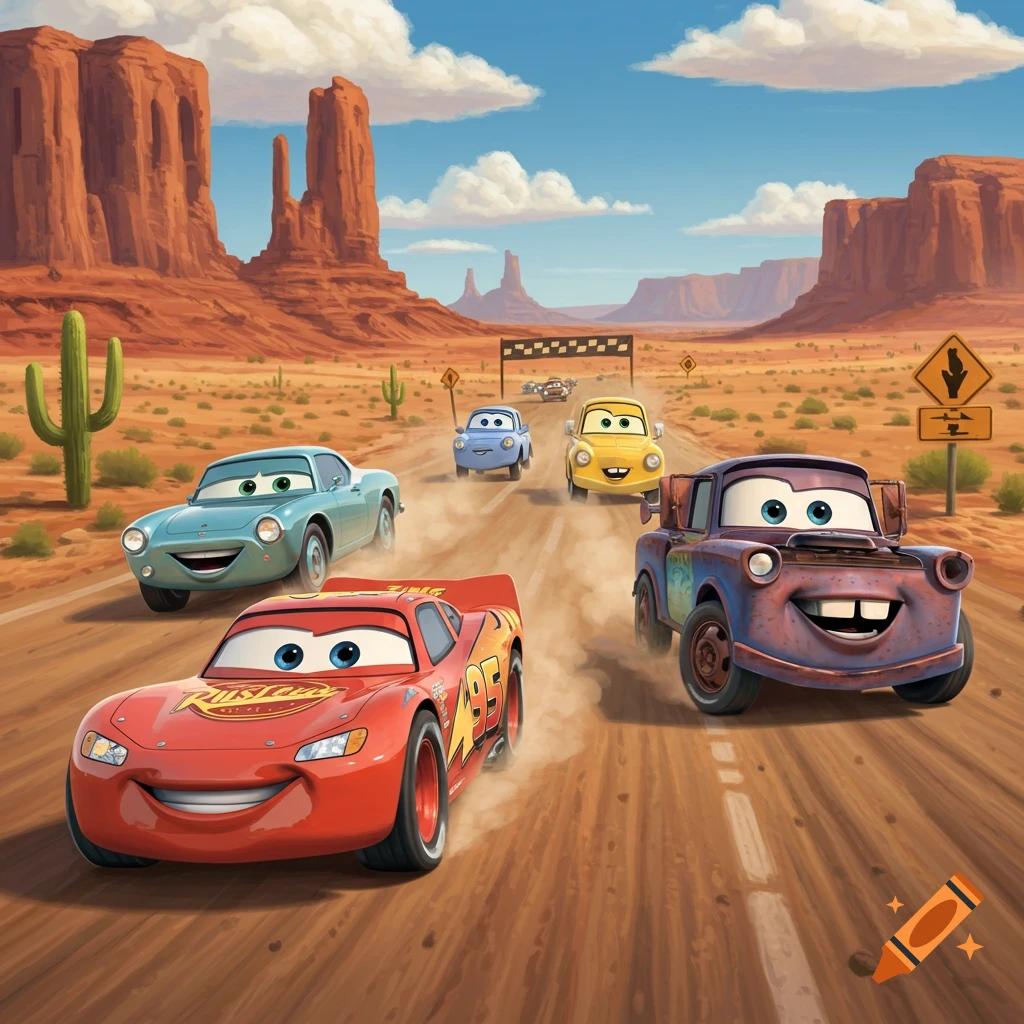 Lightning McQueen and Tow Mater in a busy city street with other ...