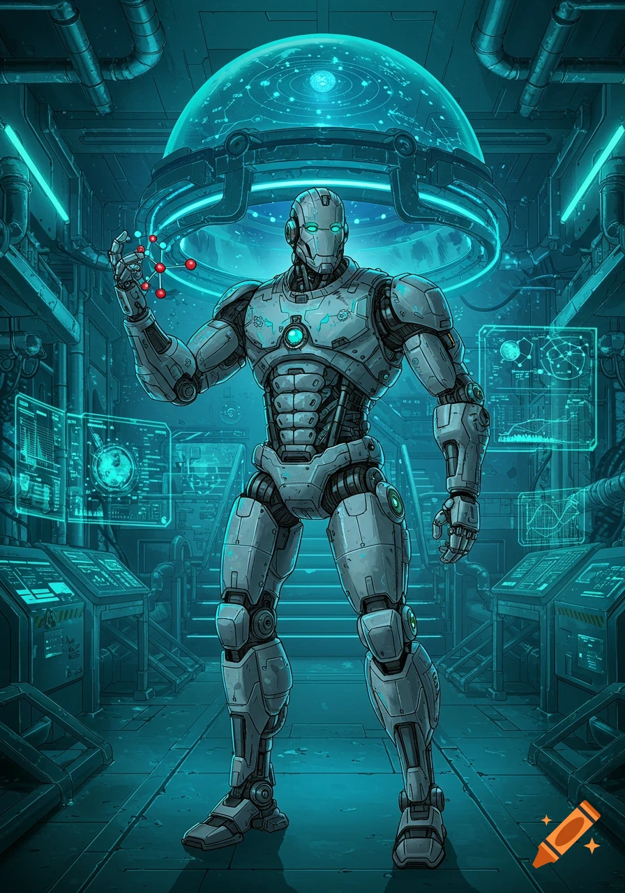 A metallic robot stands in a futuristic, neon-lit laboratory, holding a ...