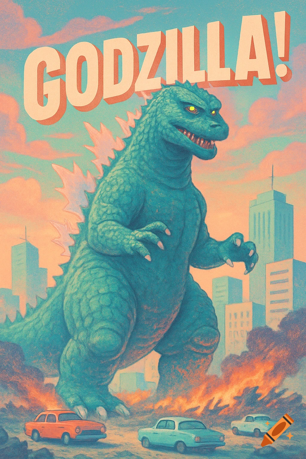 A giant green Godzilla monster stands over a burning cityscape with ...