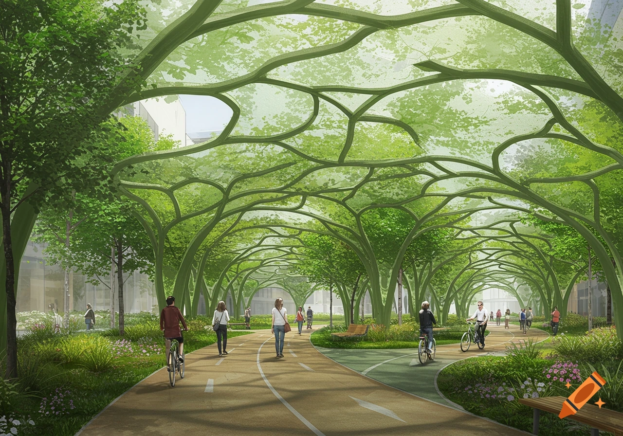 A conceptual urban design sketch showing a wide, green pathway for ...