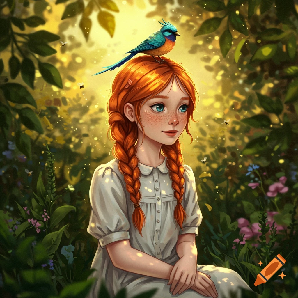 A young red-haired girl with braided pigtails sits in a sun-dappled ...
