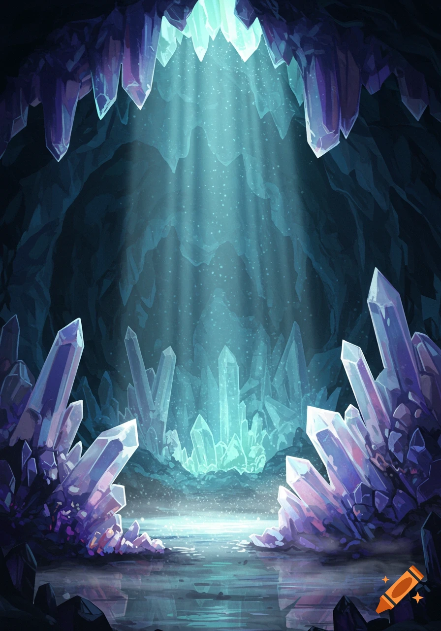 Four anime-style trainers explore a glowing crystal cave with misty ...