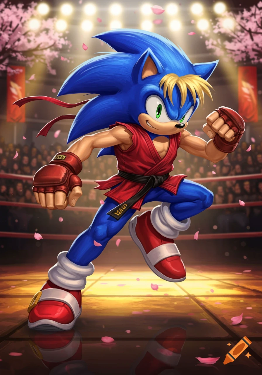 Sonic the Hedgehog dressed as Ken Masters in a martial arts gi and ...