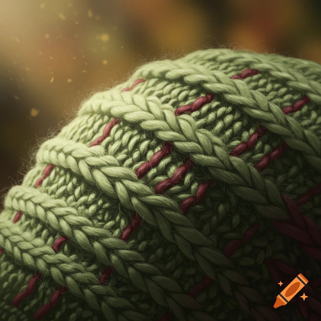 Close-up of a knitted beanie hat with green and brown stripes, showing ...