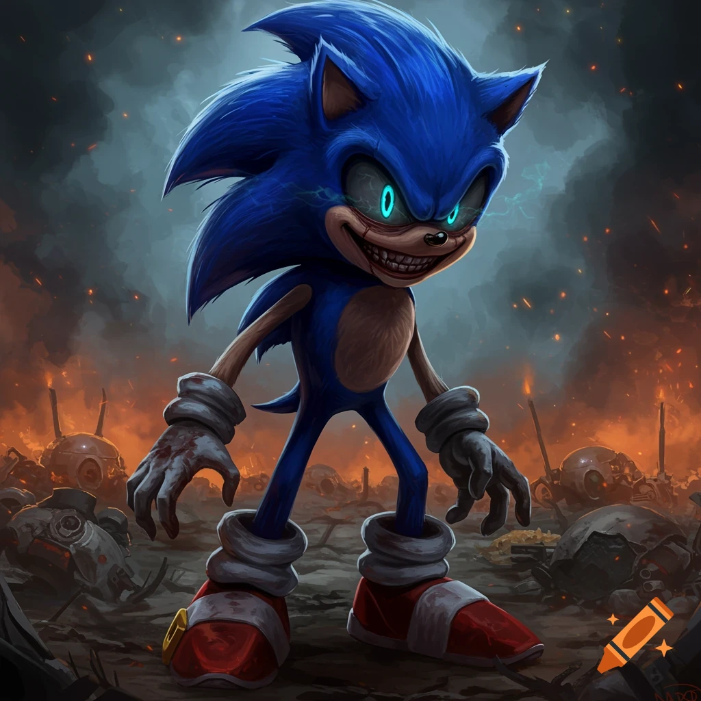 Cartoon Sonic the Hedgehog runs frantically on a checkered path, chased ...