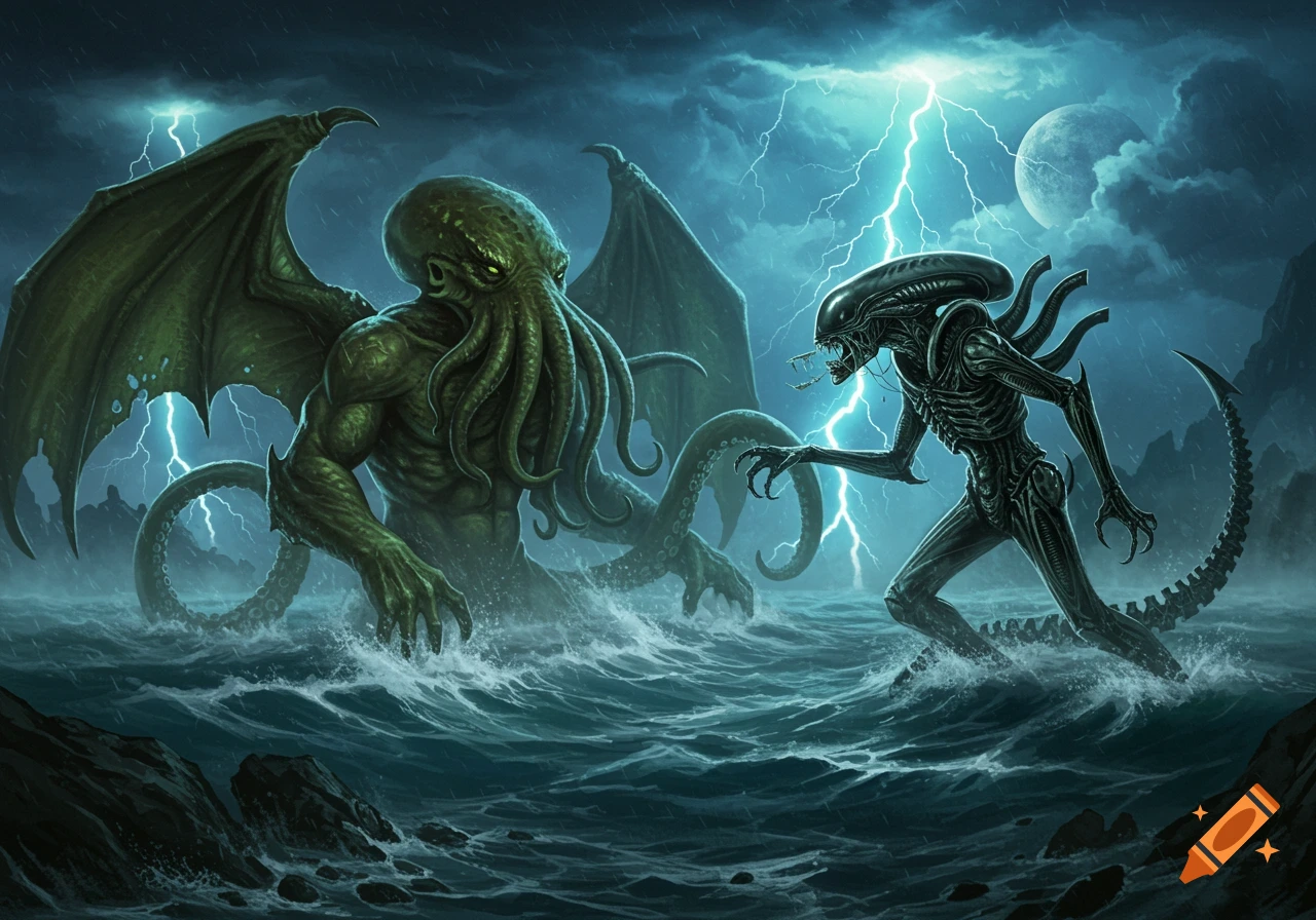 Cthulhu and a Xenomorph battle in a stormy, lightning-filled sea under ...