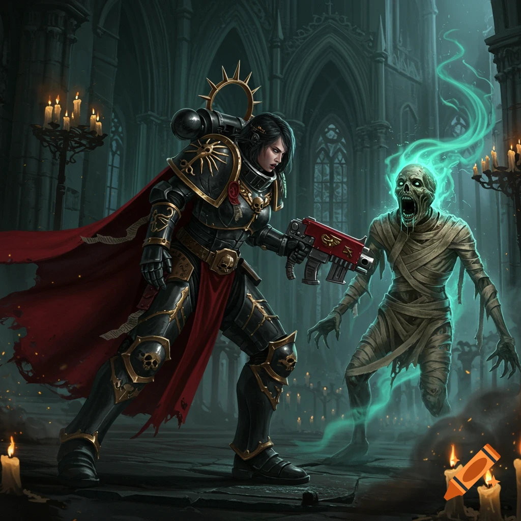 A Warhammer 40k Sister of Battle in black and gold power armor with a ...