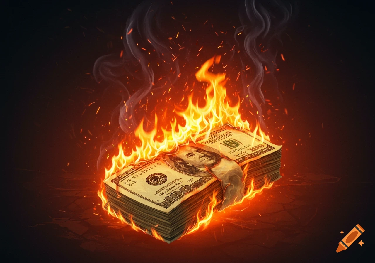 A stack of US dollar hundred-dollar bills intensely burning with orange ...