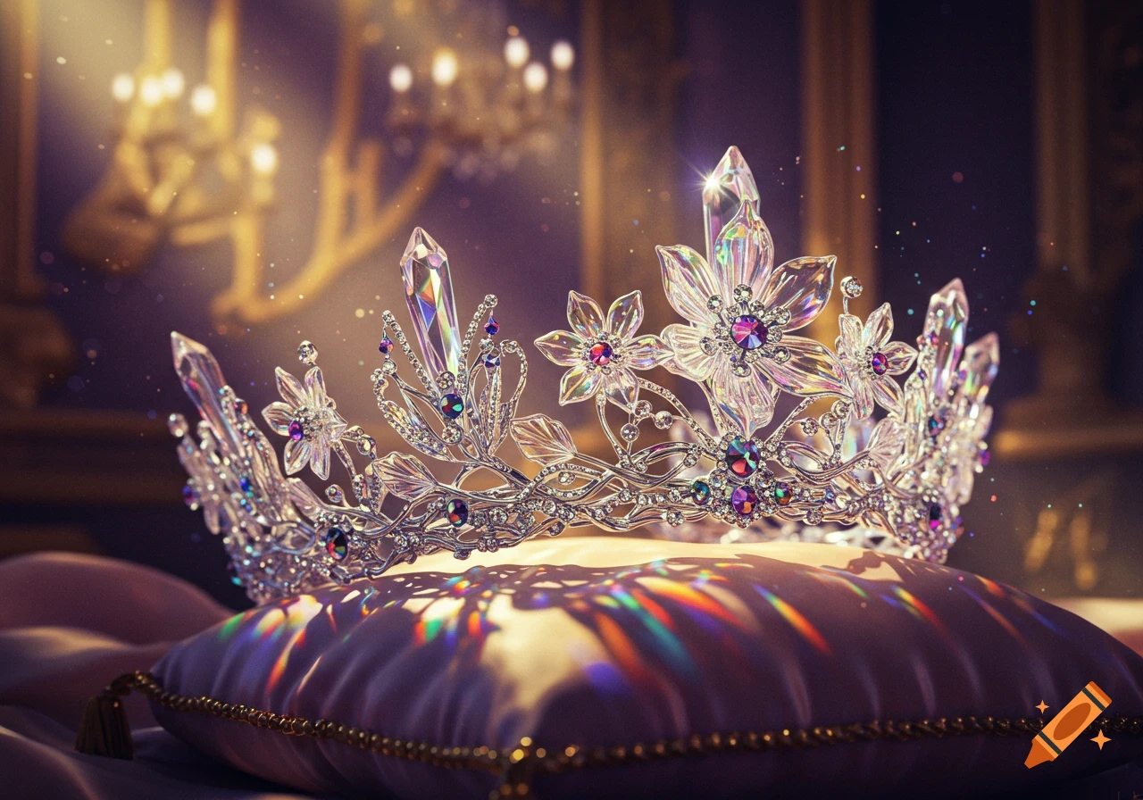 A shimmering crystal and glass flower crown sits on a purple pillow ...