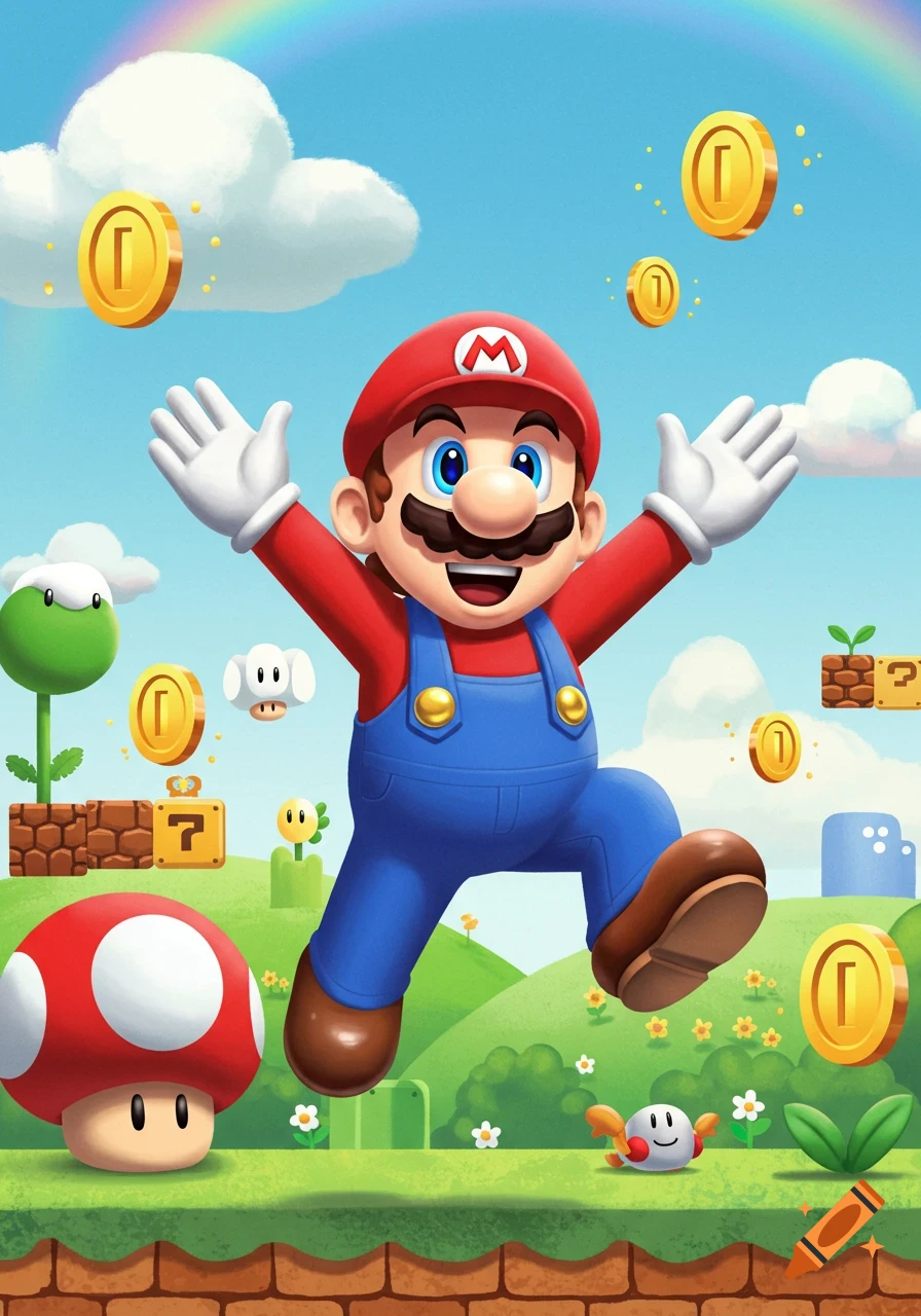 Super Mario as a vampire, with fangs and red eyes, wearing a black cape ...