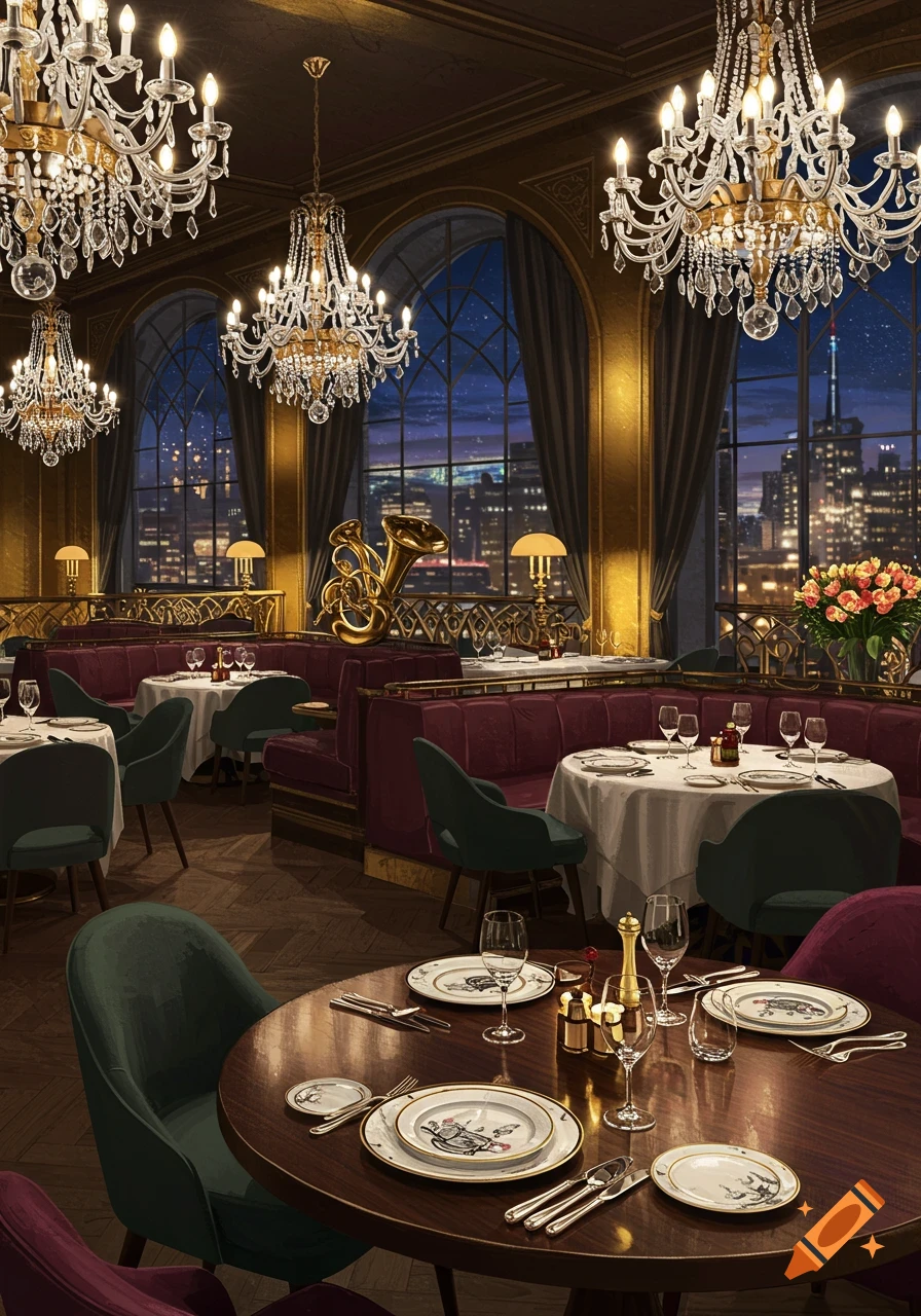 A luxurious restaurant interior with crystal chandeliers, elegant ...