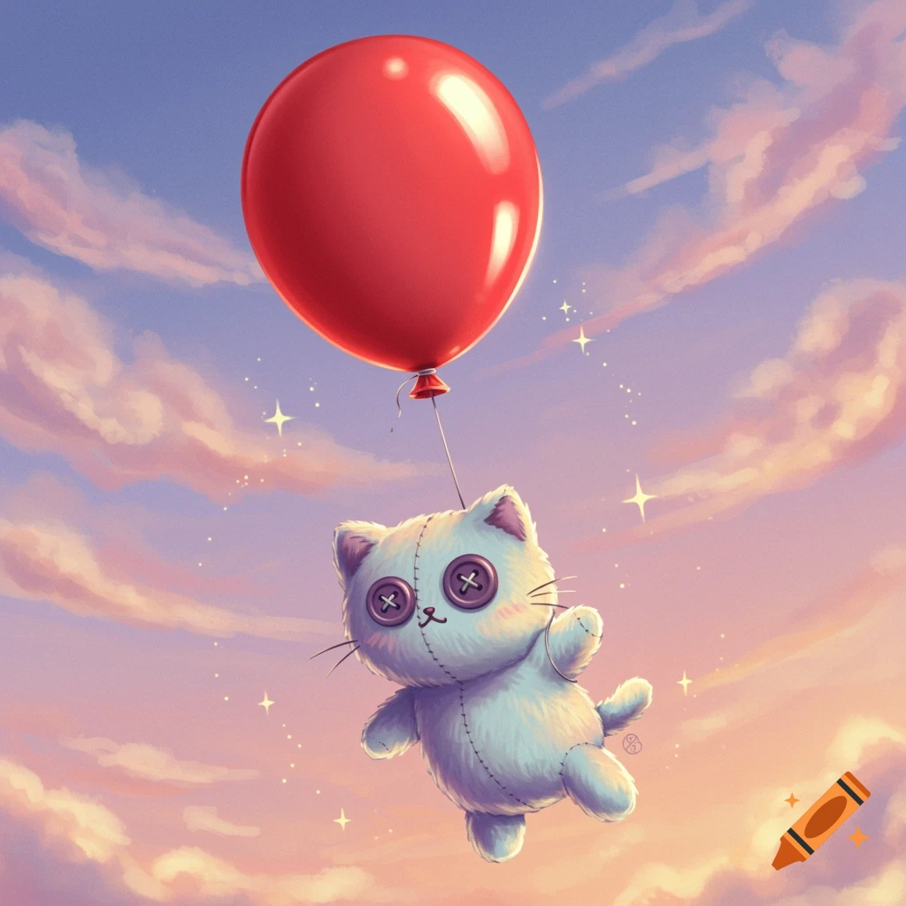 A cute plush cat with button eyes floats in a pastel sky, holding onto ...