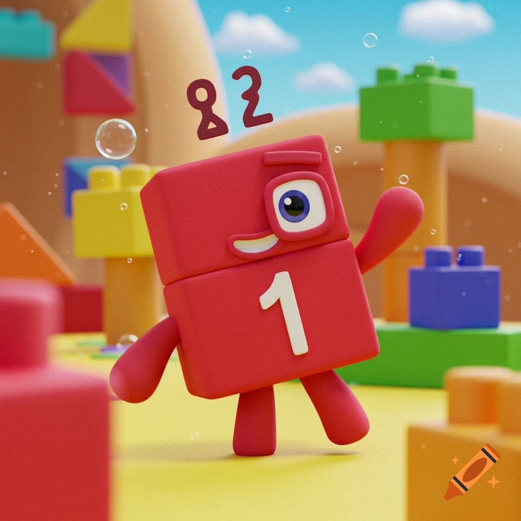 Colorful NumberBlocks characters with numbers 1, 2, 3, 6, 8, 9 float above a reflective surface ...