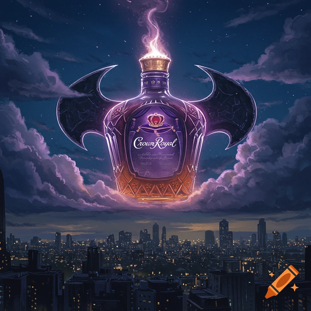 A large, glowing Crown Royal bottle with bat-like wings floats above a ...