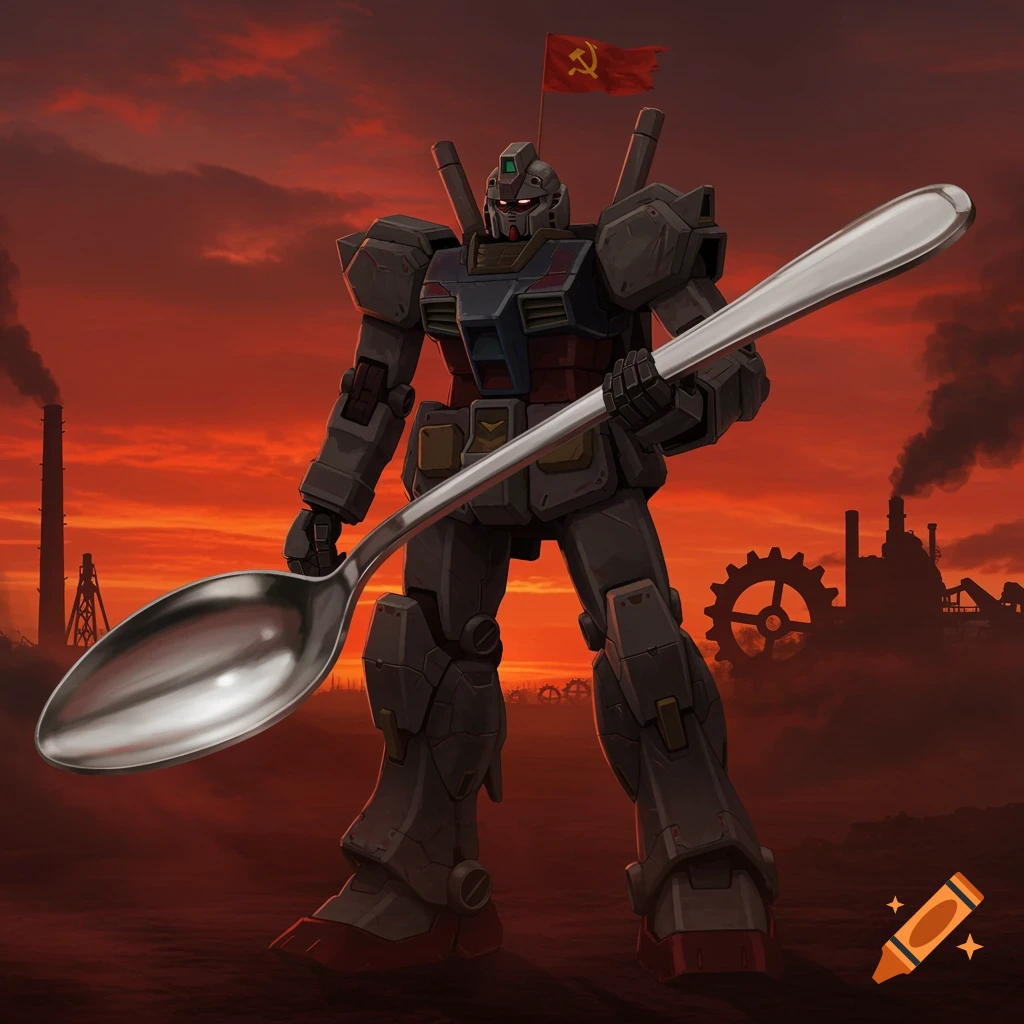 A detailed black and white manga drawing of a weathered Gundam-style ...