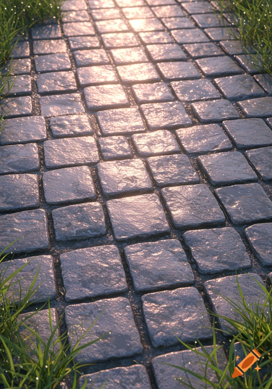 Close-up of wet stone pavement reflecting bright sunlight, bordered by ...