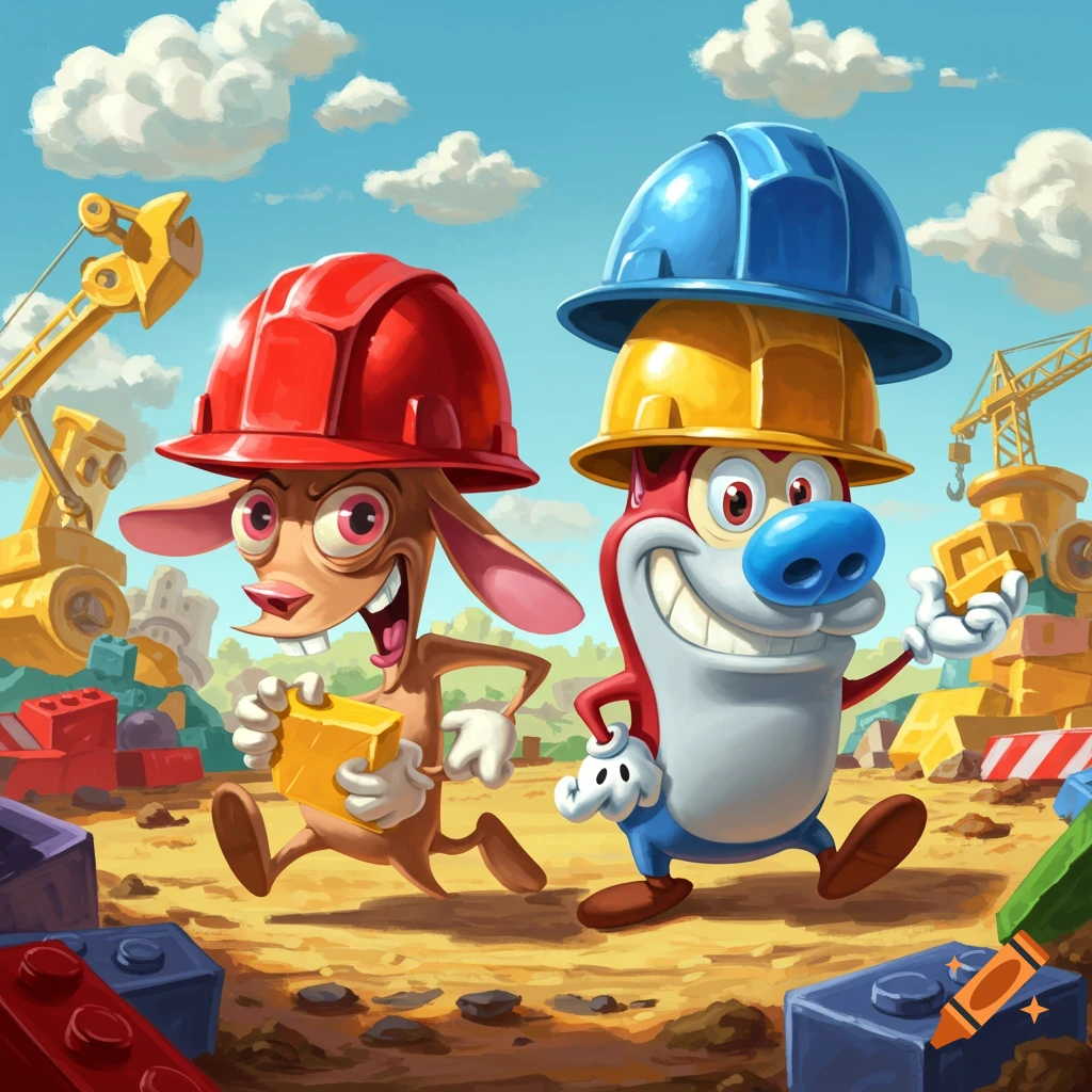 Ren and Stimpy cartoon characters wearing hard hats, one with a red hat ...
