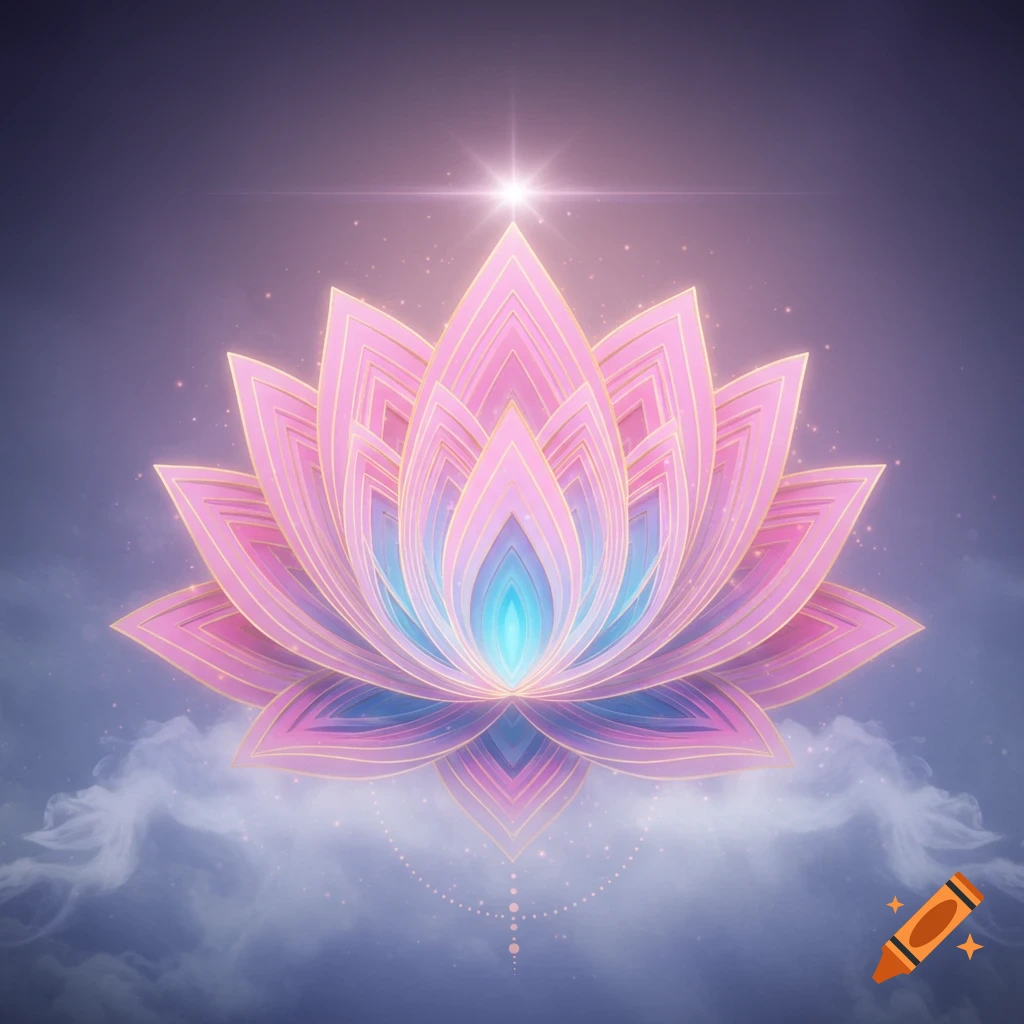 A vibrant, glowing lotus flower with pink, blue, and gold layers floats ...