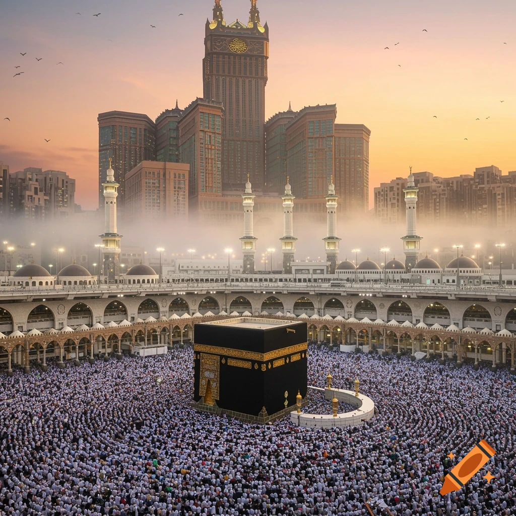Photorealistic aerial view of the black Kaaba at the Grand Mosque in ...