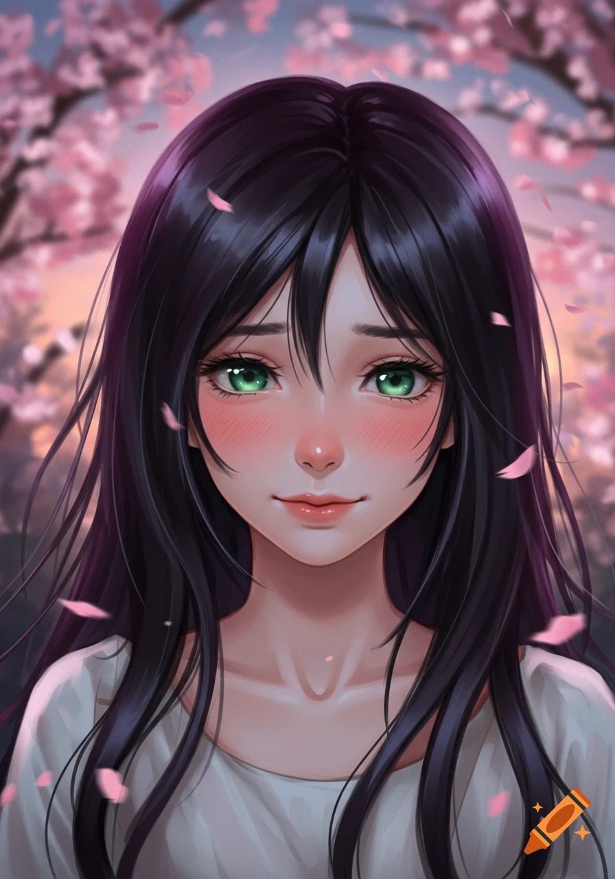 Anime woman with long black hair, green eyes, and rosy cheeks smiling ...