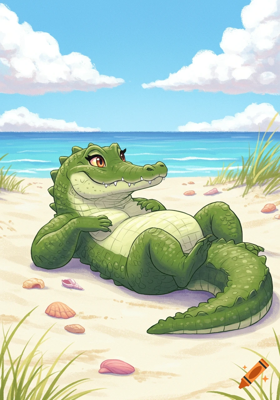 A smiling green cartoon monster with large orange eyes and spiky back ...