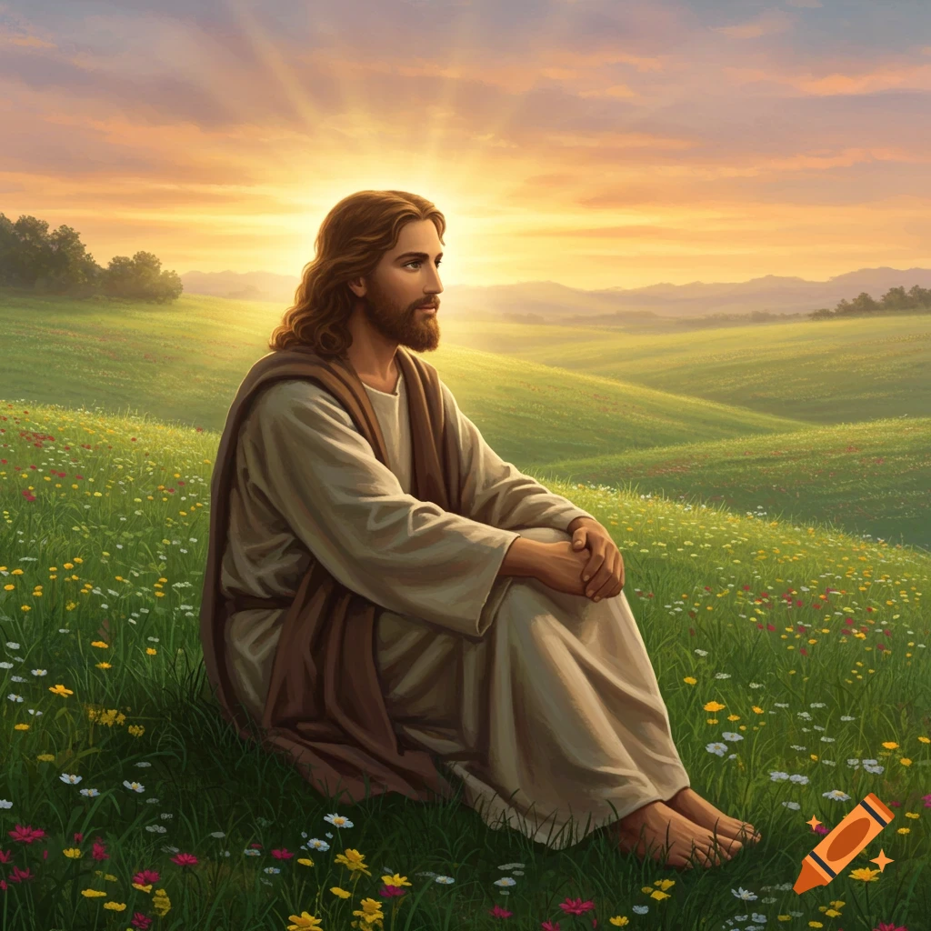 Jesus sits in a sunny green field filled with wildflowers, gazing ...