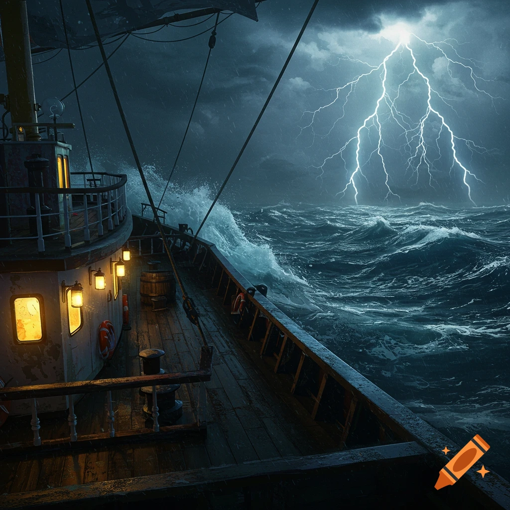 Photorealistic image of a wooden sailing ship battling huge waves ...