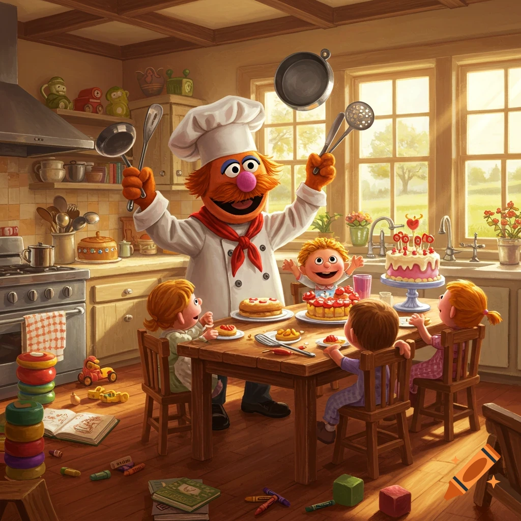 A smiling, bald muppet with round glasses, a red nose, and a large ...