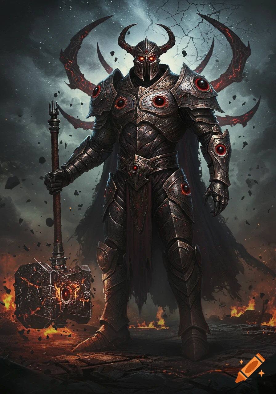 A giant blue crystal Anubis god towers over a desolate battlefield with ...