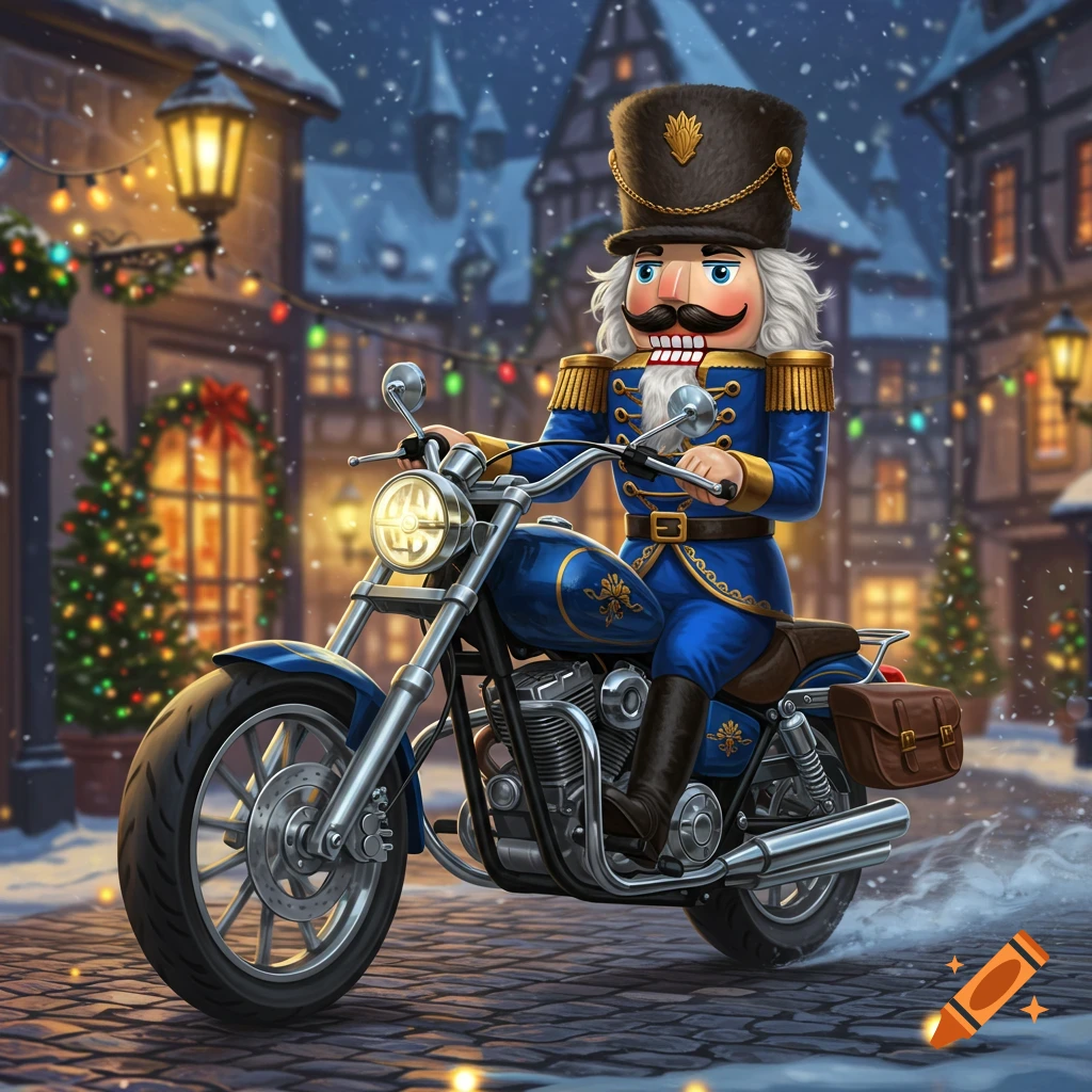 Two festive motorcycles, adorned with Christmas lights, race on a snowy ...