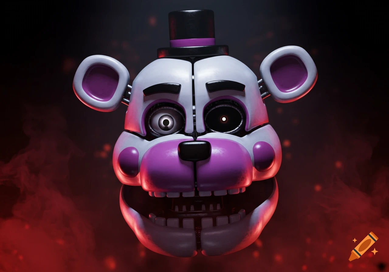 Close-up of a white animatronic bear head with pink snout and ears, a ...