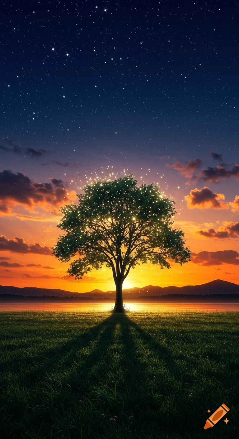 A magical tree with sparkling leaves stands in a grassy field at sunset ...
