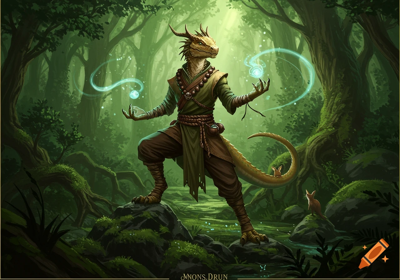 A brown anthropomorphic hyena druid in a green cloak and leaf crown ...