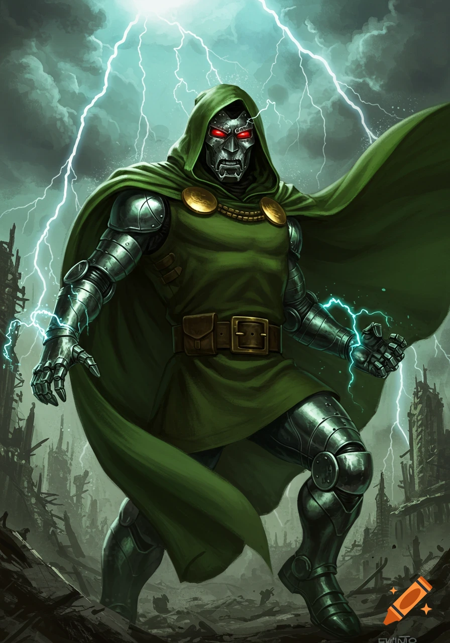 An armored Dr. Doom in a green cloak stands defiantly amidst ruins as ...