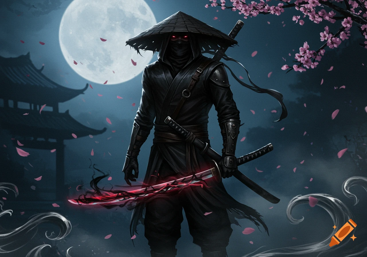 A dark-haired anime warrior in red samurai armor wields a katana in a ...