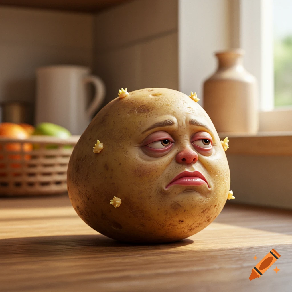 A photorealistic potato with a bored, sad human-like face and sprouts ...