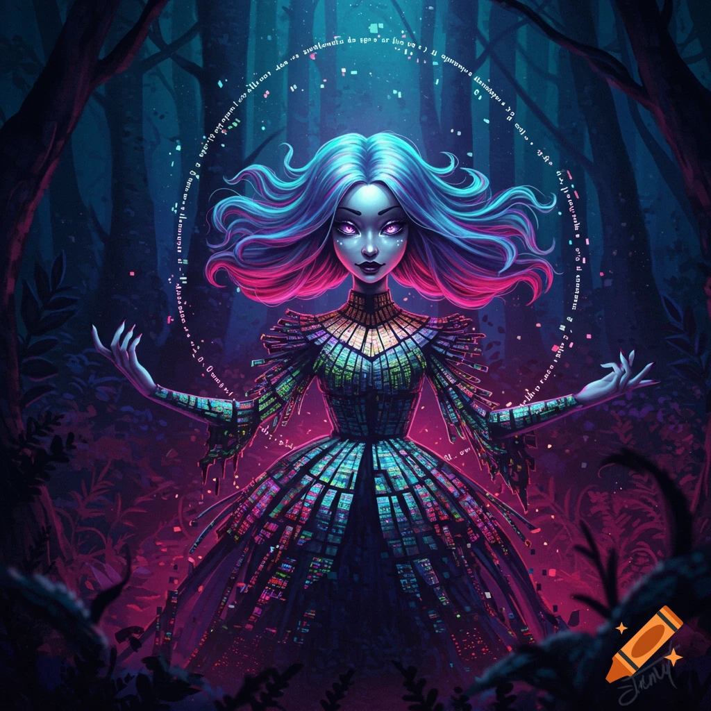 A pale, wide-eyed woman with long blonde hair in a white gown stands in ...